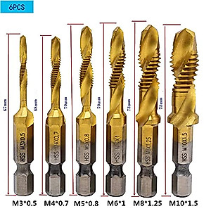6 Pcs Titanium Combination Drill Tap HSS Bit Set,3 in 1 Drilling Tapping Burr Bit Set Screw Tapping with 1/4 Inch Hex Shank for Alloy, Wood, Plastic, Soft Metal, Etc.M3-M10（Long Handle