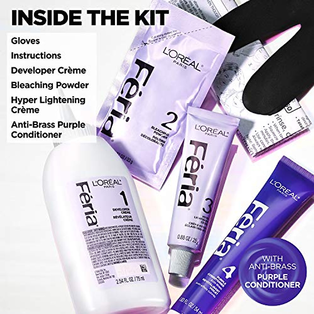 L’Oréal Paris Feria Hyper Platinum Advanced Lightening System Hair Bleach, Lifts Up To 8 Levels, Includes Anti Brass Purple Conditioner, 1 Hair Dye Kit