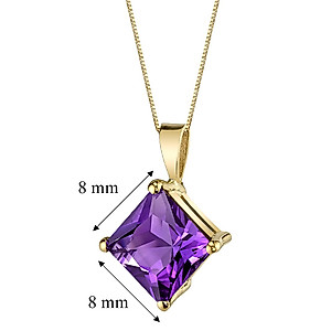PEORA Solid 14K Yellow Amethyst Pendant for Women, 2 Carats Princess Cut 8mm, Genuine Gemstone Birthstone Solitaire