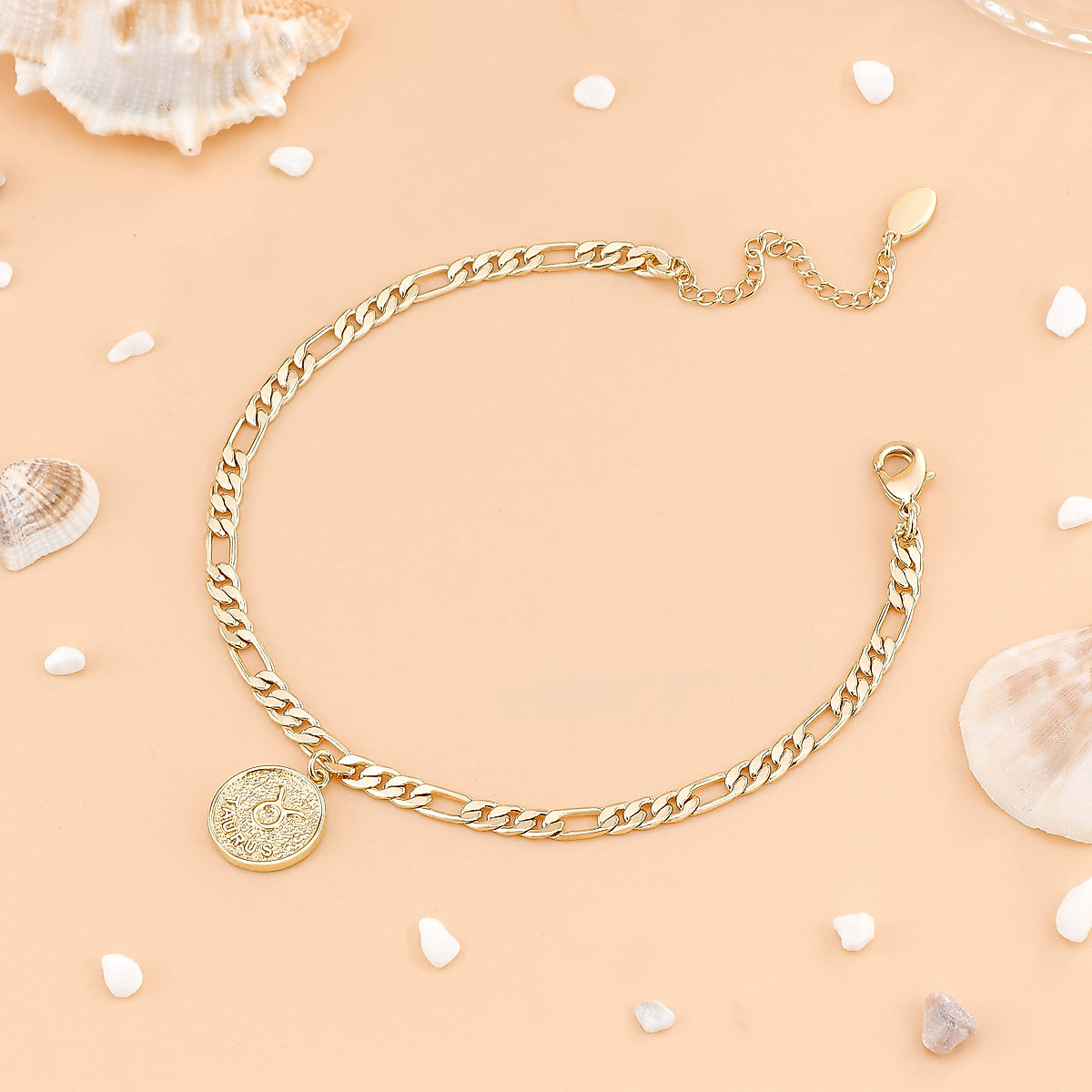 Anklets for Women Dainty Zodiac Constellation Waterproof Ankle Bracelet Zodiac Sign Disc Taurus Anklet 14k Gold-Plated