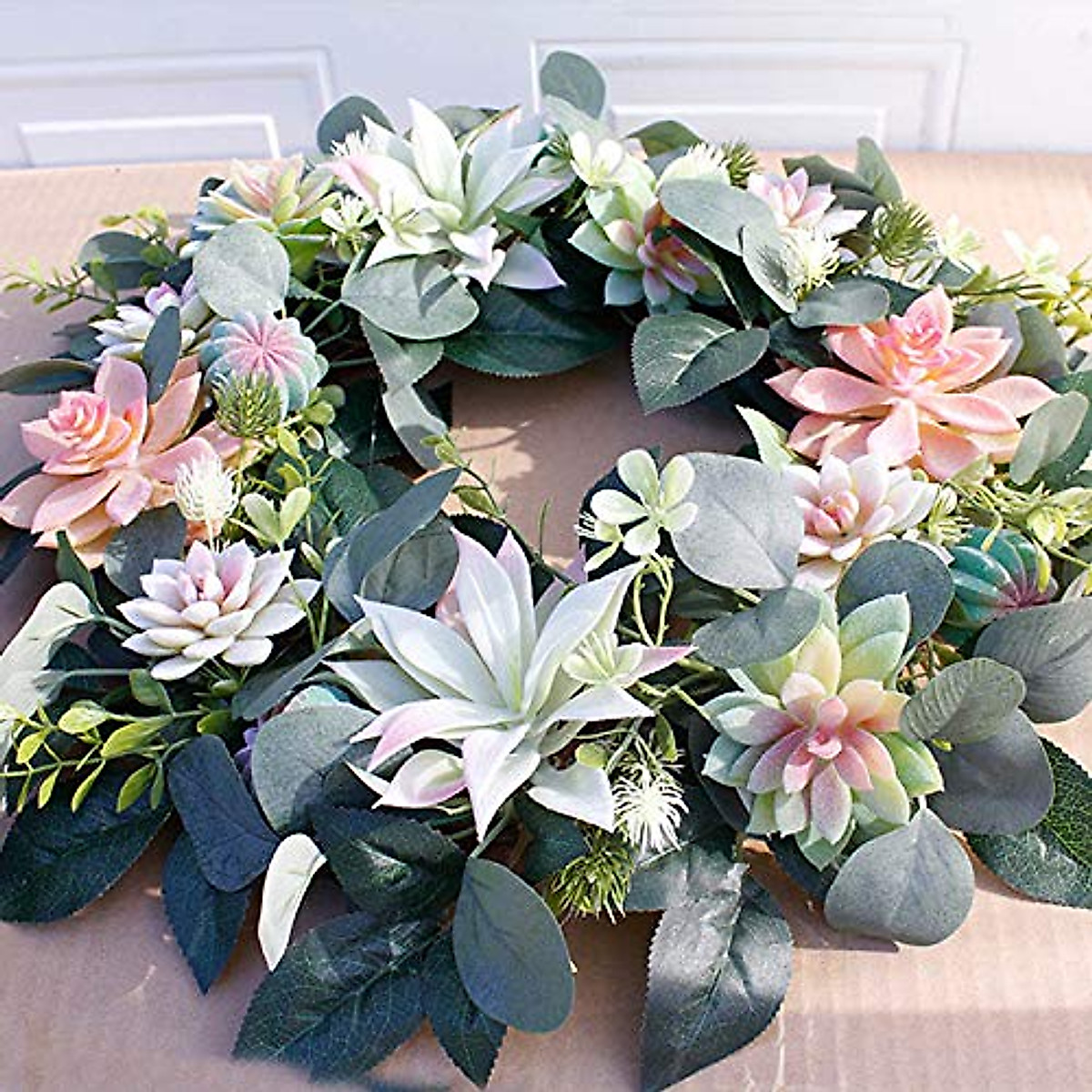 Asdomo Artificial Succulent Wreath Fake Leaves Wreath Succulent Plants Hanging Wall Window Party Decoration for Front Door Outdoor Indoor Garden Office Wedding Decor