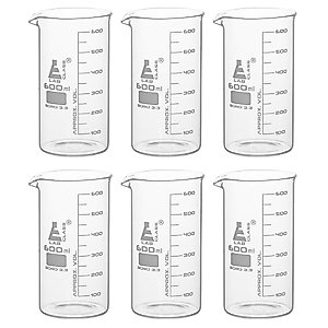 EISCO 6PK Beakers, 600ml - Tall Form with Spout - White, 50ml Graduations - Borosilicate 3.3 Glass