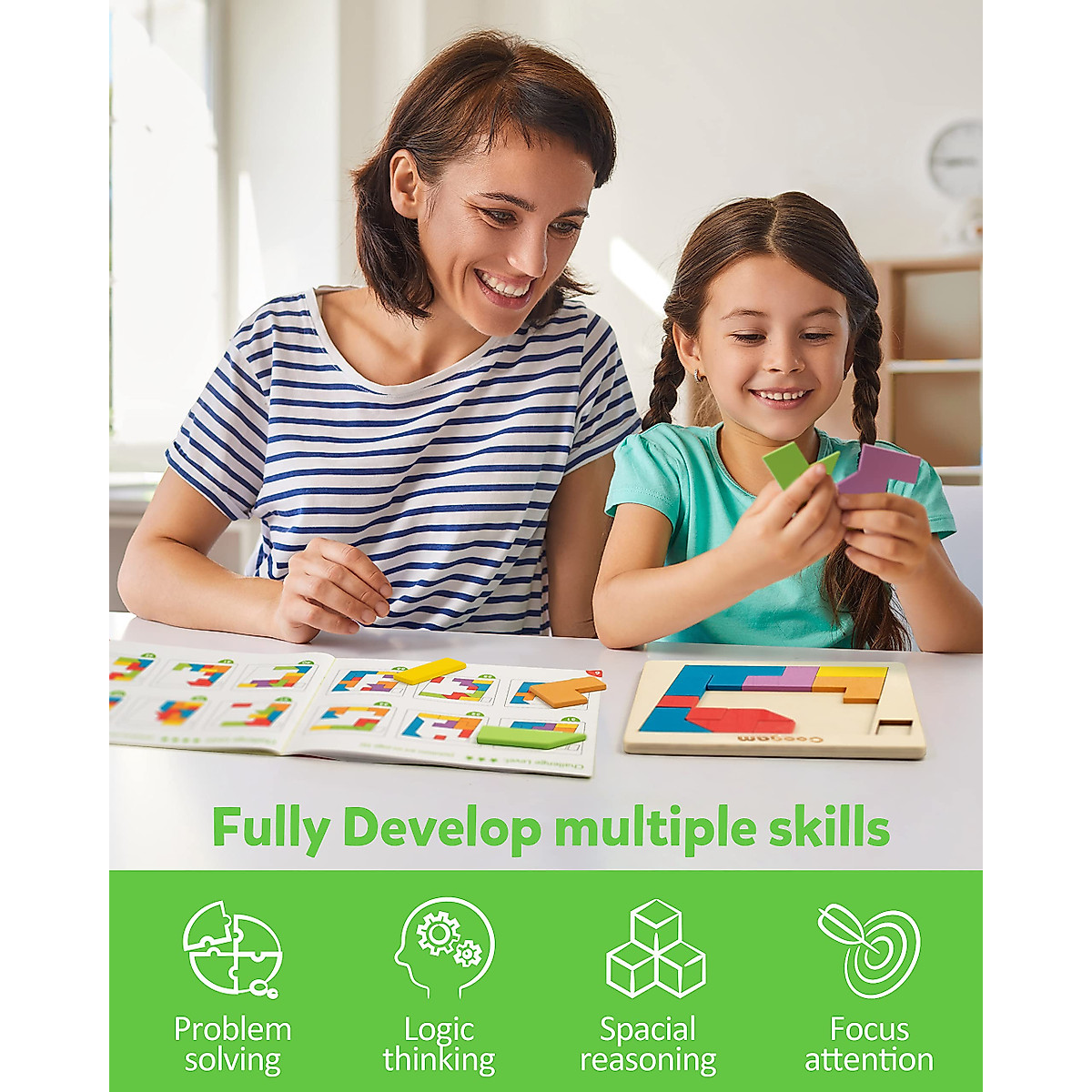 Coogam Wooden Puzzle Blocks Geometric Tangram Brain Teasers Jigsaw 3D Logic IQ Game Colorful Shape Pattern Montessori STEM Educational Toys Gift 60 Challenges for All Age