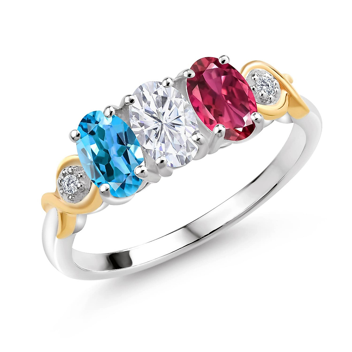 Gem Stone King 925 Sterling Silver and 10K Yellow Gold Personalized Customized 3-Stone Oval Gemstone Birthstone and White Lab Grown Diamond Ring For Women (1.37 Cttw, Available In Size 5, 6, 7, 8, 9)
