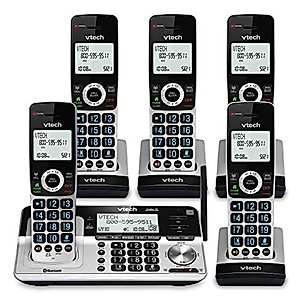 VTech VS113-5 Extended Range 5 Handset Cordless Phone for Home with Call Blocking, Connect to Cell Bluetooth, 2" Backlit Screen, Big Buttons, and Answering System, Silver & Black