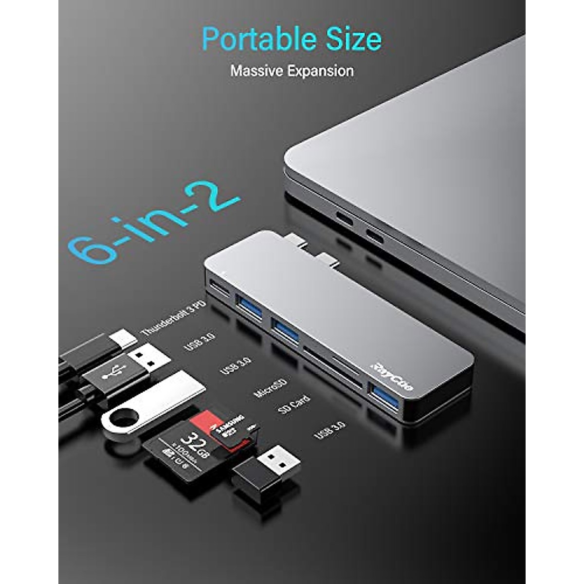 RayCue USB C Adapter for MacBook Pro/MacBook Air M1 M2 M3 2023 2022 2021 13" 15" 16",6 in 1 USB-C Hub MacBook Pro Accessories with 3 USB 3.0 Ports, USB C to SD/TF Card Reader and Thunderbolt 3 PD Port