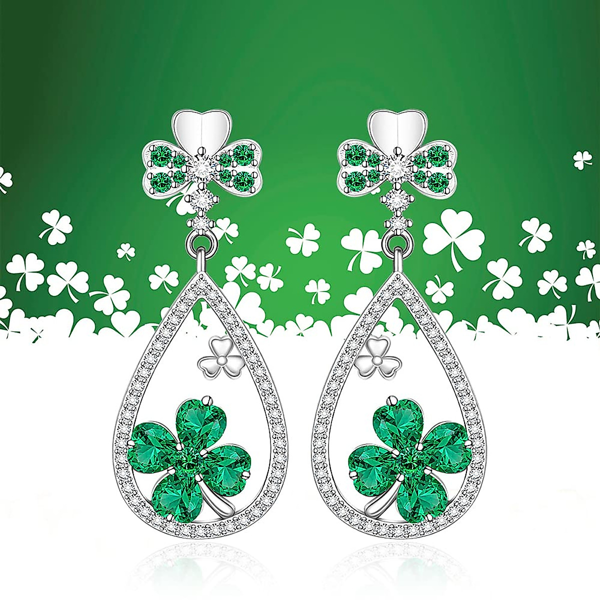 St Patricks Day Shamrock Earrings for Women Sterling Silver Studs Hypoallergenic Four Leaf Clover Green CZ Drop Dangle Earrings Jewelry Gifts