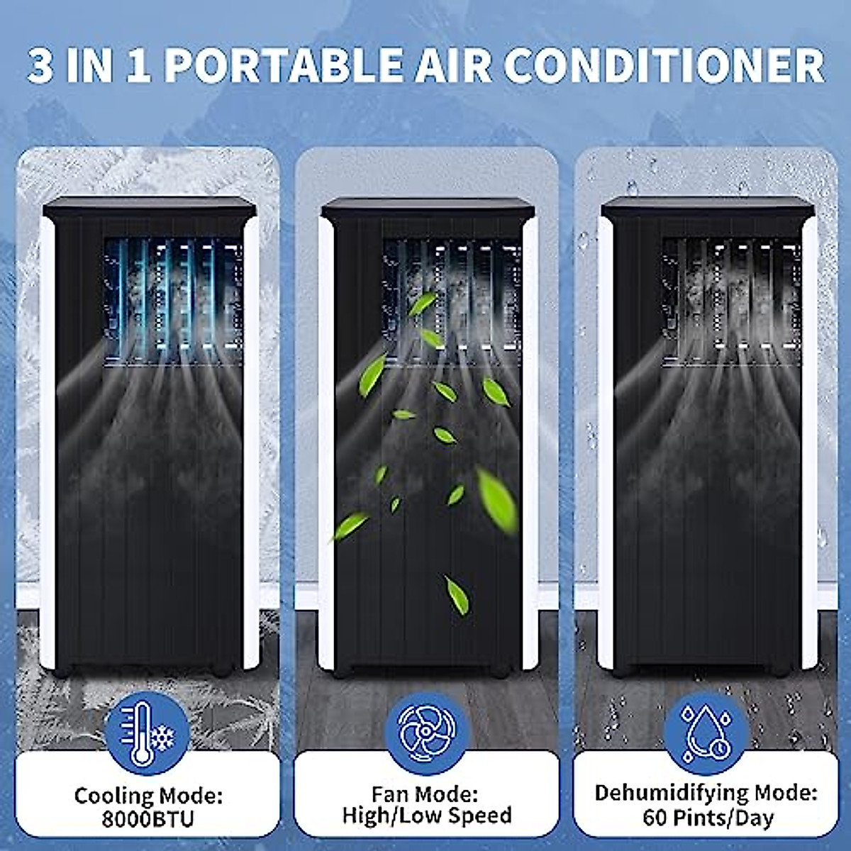 DENBIG Portable Air Conditioner for Room up to 350 sq.ft, 8,000 BTU A/C Unit with Dehumidifier and Cooling Fan with 2 Speeds, 24-Hour Timer, Sleep Mode, Remote Control, Window Installation Kit