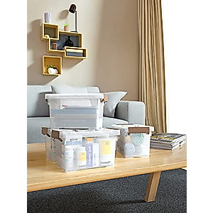 WYT 4 Quart Clear Storage Latch Bins, 4 Pack Clear Stackable Storage Organizer Box with Brown Latching Handle and Lid