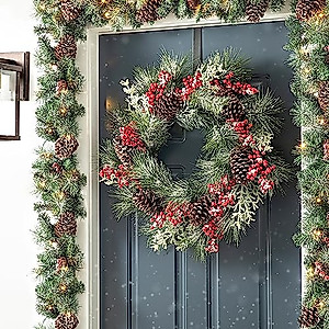 Glitzhome Christmas Artificial Wreath with Berry Pinecone for Front Door and Wall, 24" D