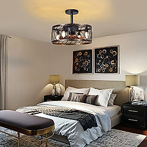 Rustic Hand-Swept Gold Paint Accents Sand Black Fandelier Ceiling Fans with Lights and Remote, Farmhouse Caged Semi-Flush Mount Ceiling Fan with Height Adjustment, Reverse Quite Motor for Indoor