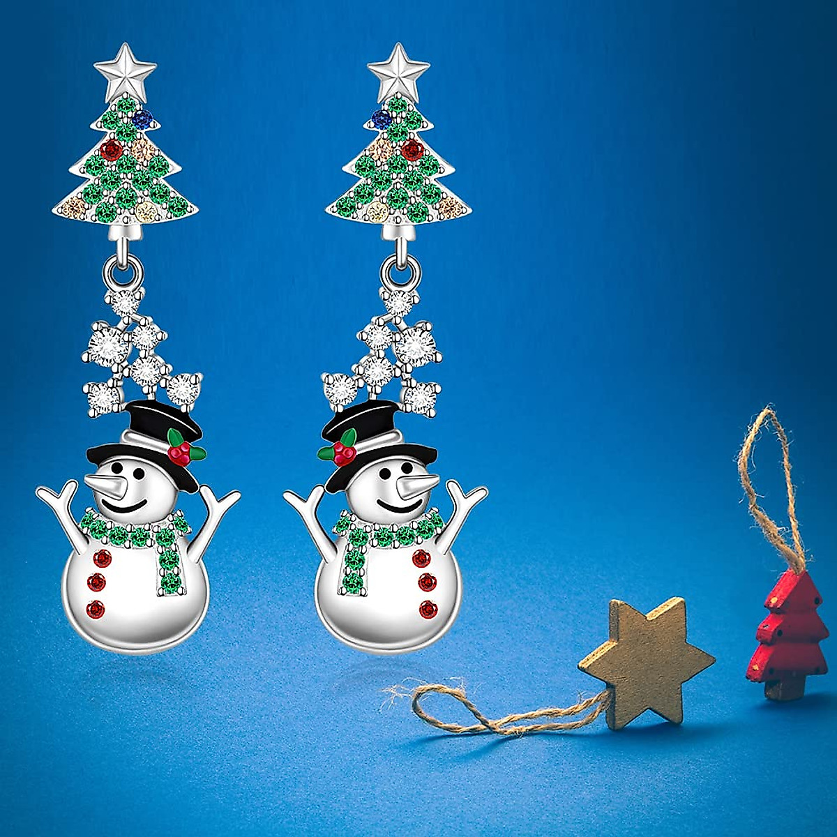 Christmas Tree Snowman Earrings for Women Sterling Silver Tree with Star Holiday Dangle Drop Earrings Winter Colorful CZ Xmas Gift