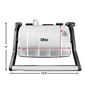 Elite Gourmet EPN-2976 2-in-1 Nonstick Panini Press & Indoor Grill, Opens 180-Degree Gourmet Sandwich Maker, Floating Hinge Fits All Foods, Contact Grill with Removable Grease Tray, Stainless Steel