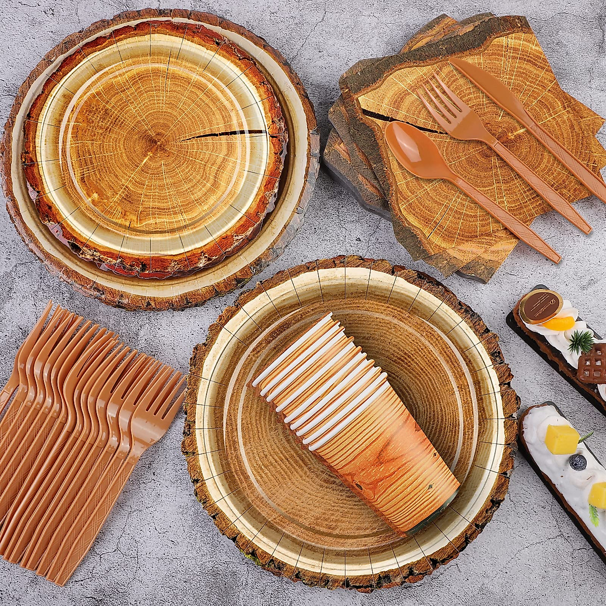 durony 129 Pieces Camping Birthday Party Supply Hunting Party Plate Tablecloth Cup Napkins Wood Slice Tableware Decorations for Kids Camo Hunter Themed Party