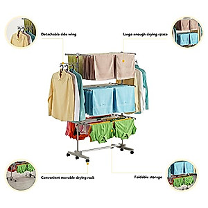 Hulife 3-Tier Foldable Clothes Drying Rack, Stainless Steel, 6 Foldable Trays, 2 Extra Side Wings, Easy Storage (Made in Korea)