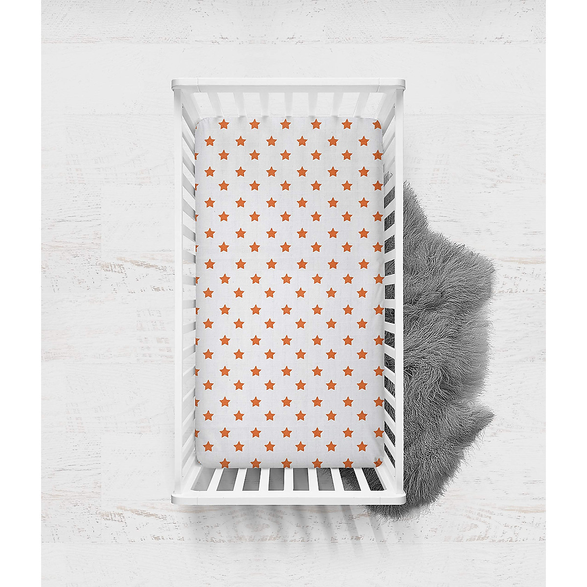 Bacati - Stars Soft Breathable 100% Cotton Muslin Baby Crib Fitted Sheet - Fits Standard 28 x 52 x 5 Crib & Toddler Mattresses (Ikat Stars Orange)