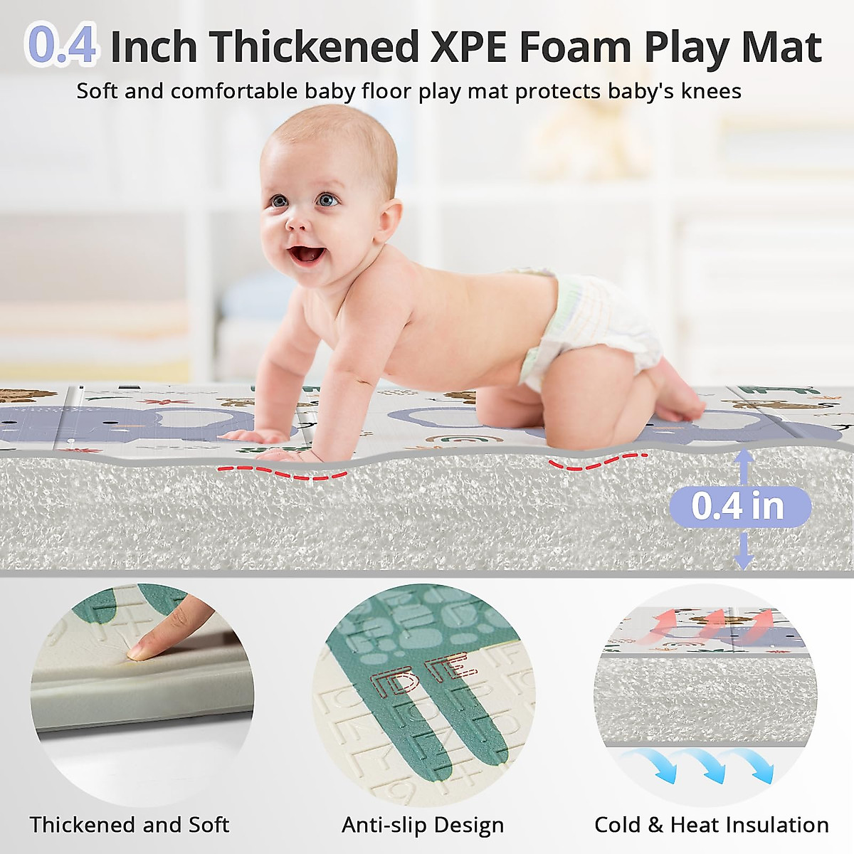 Baby Play Mat, 79x71 Foldable Play Mat for Baby, Extra Large Non-Toxic Tummy Time and Crawling Mat, Thick Foam Play Mat for Baby, Reversible Portable Baby Floor Mat for Infant, Toddler