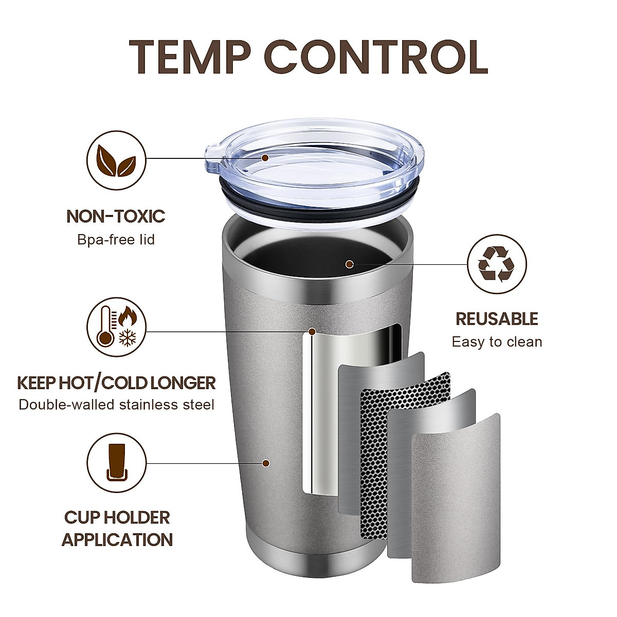 MEWAY 20oz Tumbler Cup Double Wall Vacuum Insulated Travel Mug Bulk, Stainless Steel Tumblers with Lid and Straw, Durable Powder Coated Coffee Cups for Cold & Hot Drinks (Cold Grey, 1)