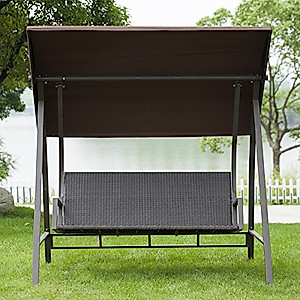 PatioPost Porch Swing Outdoor Lounge Chair Seats 3 Patio PE Wicker Glider Bench with Steel Frame and Padded Cushion, Dark Brown