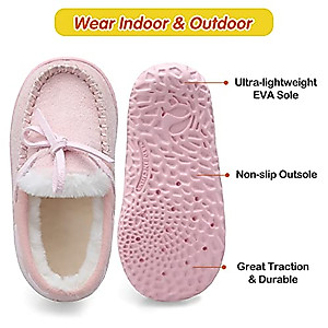Scurtain Kids Toddler Suede Moccasin Slippers - Lined with Warm Fur, Unisex for Boys & Girls - Pink, Size 6.5