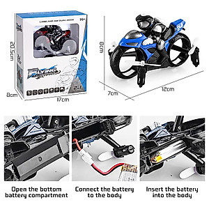 HCPBRS Magic RC Fly Motorbike, 2.4GHz Remote Control Motorcycle Toys Mini Flying Motorcycle with Light, 2 in 1 Land Air Motorcycle Aircraft, 360° Rotation Drift Stunt RC Drone (Blue)