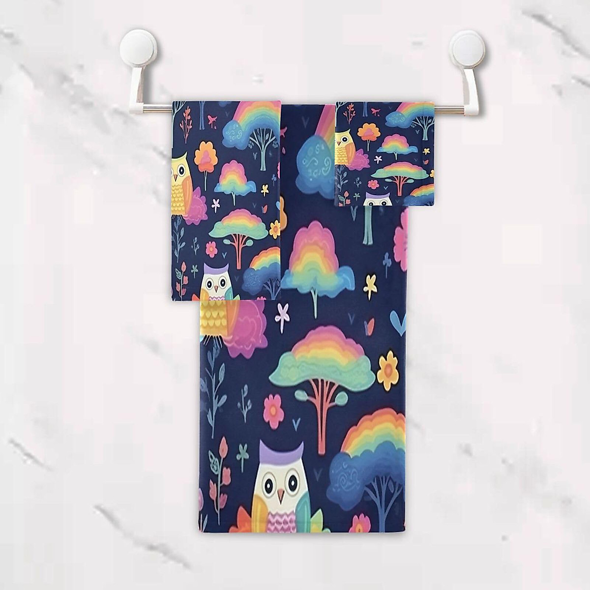 Flradish Cute Owls Rainbow Towels 3 Pack Bath Towels for Bathroom Set Soft Cotton Highly Absorbent Lightweight & Quickdry Towel Set 1 Bath Towel,1 Hand Towel,1 Washclothe