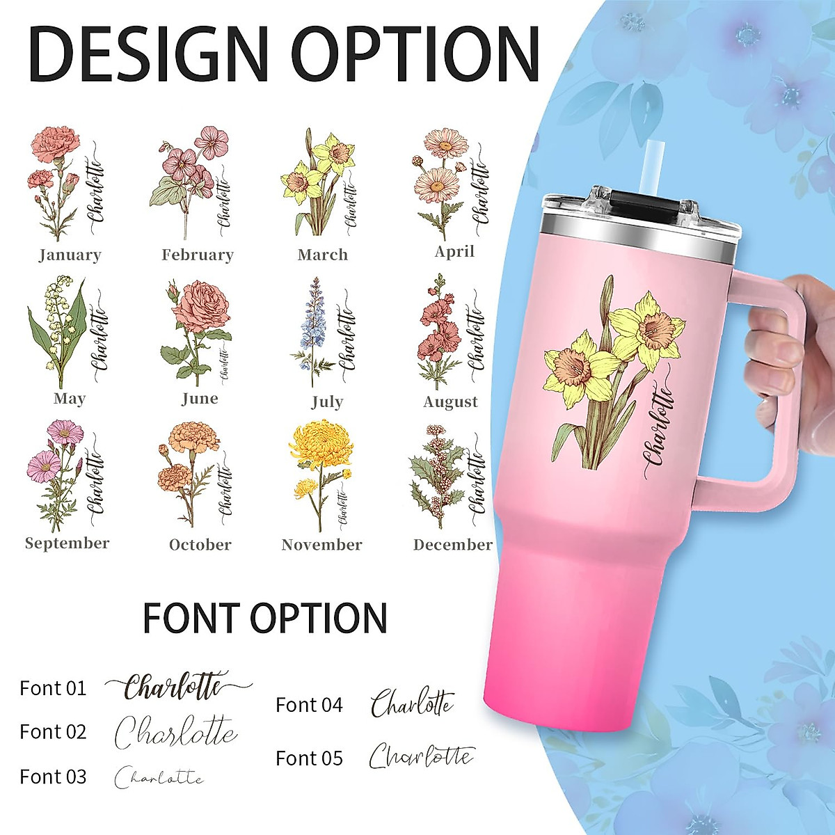 Personalized Birthday Gifts for Women-40oz Customized Birth Month Flower Tumbler with Name for Mom Grandma Aunts Sister Bestie on Birthdays,Mothers Day Christmas, Custom Female Birth Flower Gift,04