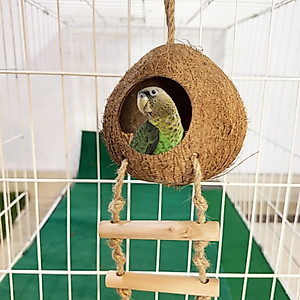 Bird Coconut Hides Nest with Ladder Parrot Cage Hanging Natural Coco Shell Hut Hide Toy with Wooden Bridge Hollow Hideaway Toys for Parakeet Lovebird Finch Canary 2PCS
