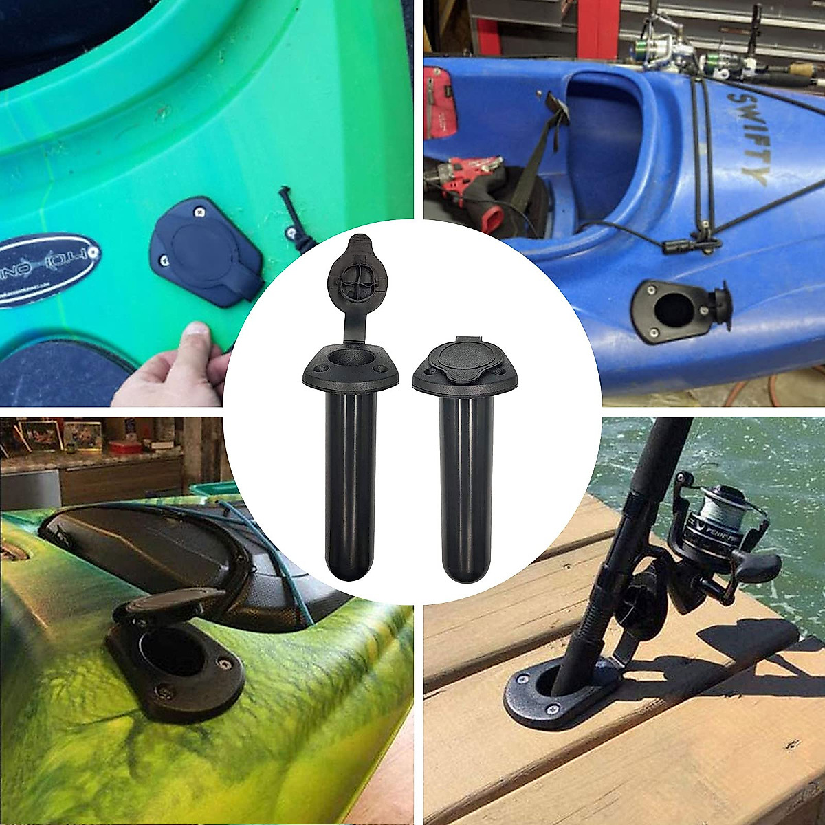 Kayak Flush Mount Fishing Boat Rod Holder with Cap - Plastic Fishing Tackle Accessory Tool for Kayak Boat Canoe Pole