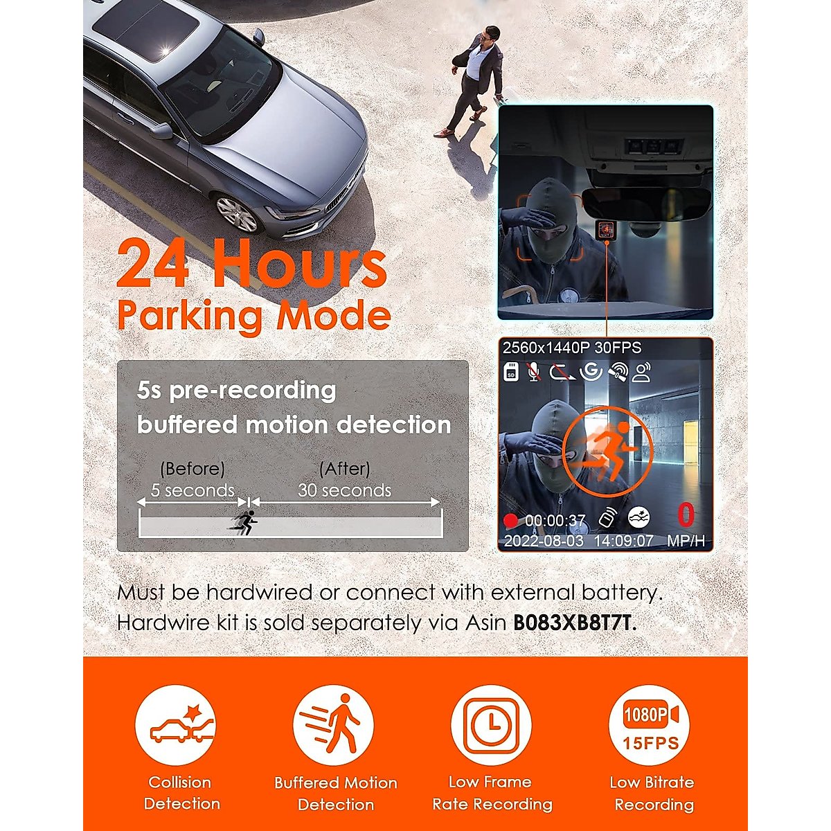 【Bundle: Vantrue E1 Lite 1080P WiFi Mini Dash Cam + Type C USB Hardwire Kit】Vantrue E1 Lite 1080P WiFi Mini Dash Cam with GPS and Speed, Free App, Voice Control Detachable Dash Camera,24H Parking Mode