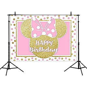 Riyidecor 7x5ft Happy Birthday Backdrop Mouse Pink Gold Polka Dots Princess Girl Photography Background Newborn Baby Shower Party Decoration Celebration Banner Props Photo Shoot Studio Fabric Cloth
