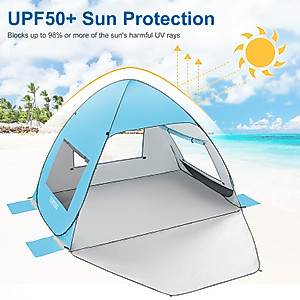 TOBTOS UPF 50+ Pop Up Beach Tent, Beach Umbrella, Automatic Sun Shelter 2-3 People UV Protection Portable Sunshade, Easy Set Up Baby Canopy Cabana, Lightweight with Carry Bag
