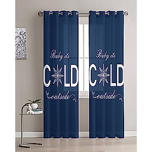 Christmas Sheer Curtains for Bedroom Living Room Sliding Door Curtains 36 inches Long, Voile Kitchen Curtain with Grommet Privacy Window Drape, 1 Panel Cold Winter Snowflakes Blue Backdrop