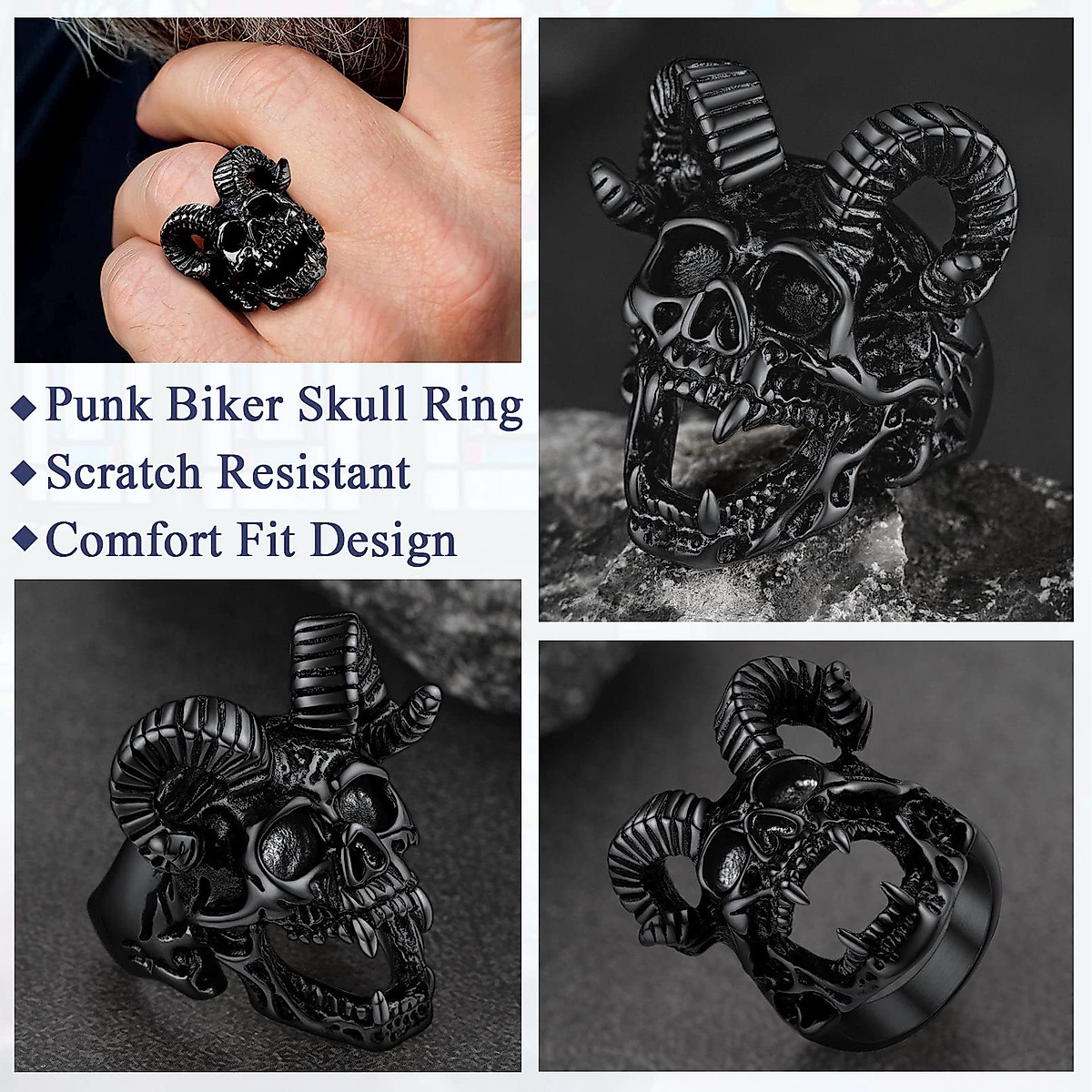 FaithHeart Rapper Biker Rings for Male Size 9 Stainless Steel Satan Church Jewelry Baphomet Goat Head Pinky Finger Charms