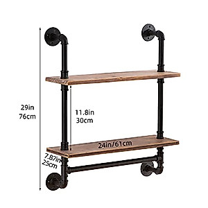 ROGMARS Industrial Pipe Shelving,Iron Pipe Shelves Industrial Bathroom Shelves with Towel bar,24 in Rustic Metal Pipe Floating Shelves Pipe Wall Shelf,2 Tier Industrial Shelf Wall Mounted with Hook