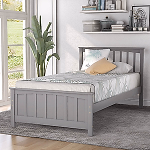 MERITLINE Twin Size Platform Bed, Wooden Twin Bed Frame, Gray