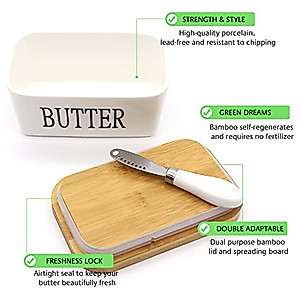 Lovelyduo Large Butter Dish with Lid for Countertop Ceramics Butter Keeper Container with Knife High-quality Double Silicone for Kitchen, Farmhouse, Fridge, Gift Rectangle White