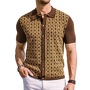 Men's 70s Short Sleeve Knitwear Vintage Stripe Lightweight Polo Shirts Brown XXL