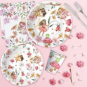 Xigejob Fairy Party Decorations Tableware, Fairy Birthday Party Supplies, Plate, Napkin, Tablecloth, Fork, Flower Fairies Enchanted Forest Garden Birthday Baby Shower Decorations Dinnerware | Serve 24