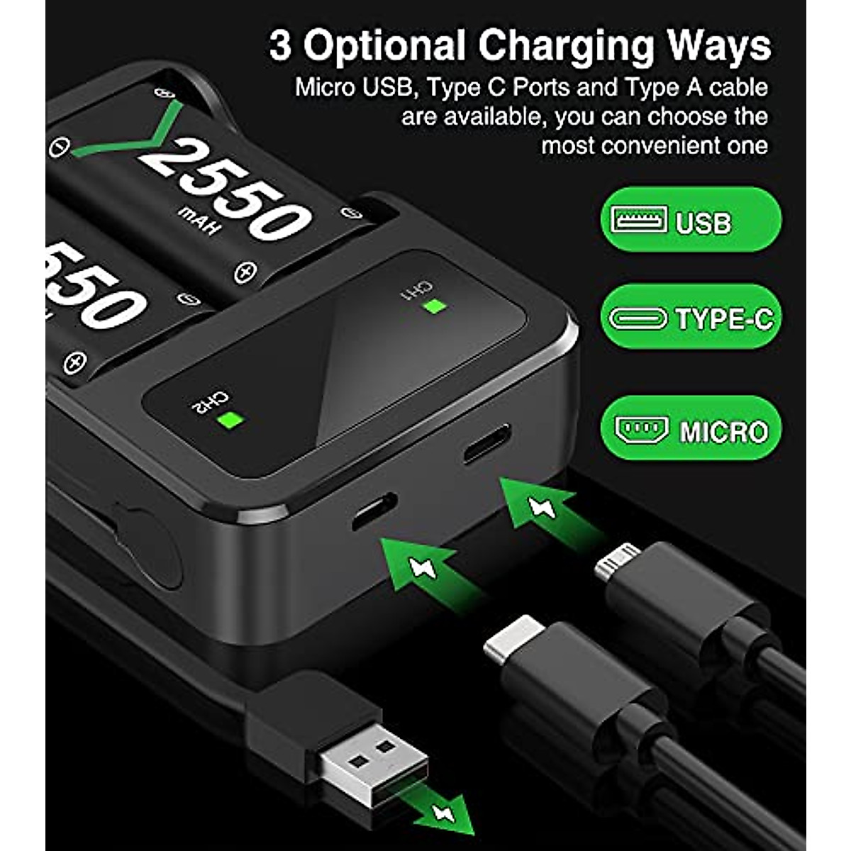 Rechargeable Battery Pack for Xbox One/Xbox Series X|S, Controller Battery Pack for Xbox Series X|S/Xbox One/Xbox One S/Xbox One X/One Elite Controller w/ 2x2550mAh Xbox Controller Battery Pack Green