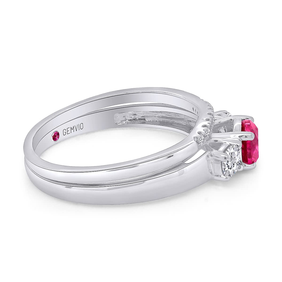 GEMVIO Collection Three Stone Ring, 5MM Round Lab Created Ruby Gemstone & Natural Diamond In 14K White Gold Over Sterling Silver Engagement Anniversary Wedding Bridal Set Ring(0.80Cttw)-7