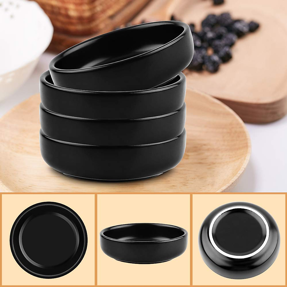 Cyimi 3.5" Ceramic Side Dish Set of 4 Small Porcelain Soy Dipping Sauce Dishes Black Seasoning Sauce Bowls Dinnerware Sets Sauce Serving Dishes