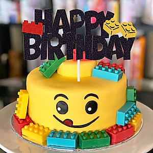 Building Blocks Cake Topper Glitter Happy Birthday Cake Decoration Color Building Brick Theme Birthday Baby Shower Party Supplies