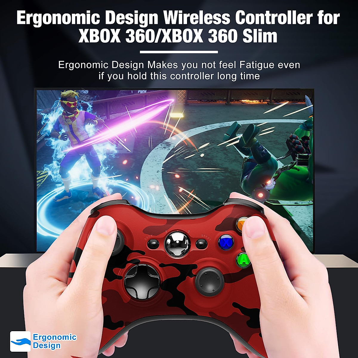 BUERTT Wireless Controller for Xbox 360, 2.4GHZ Game Joystick Controller Gamepad for Xbox 360 & Slim Console and PC Windows 7/8/10,No Audio Jack,Camo Red