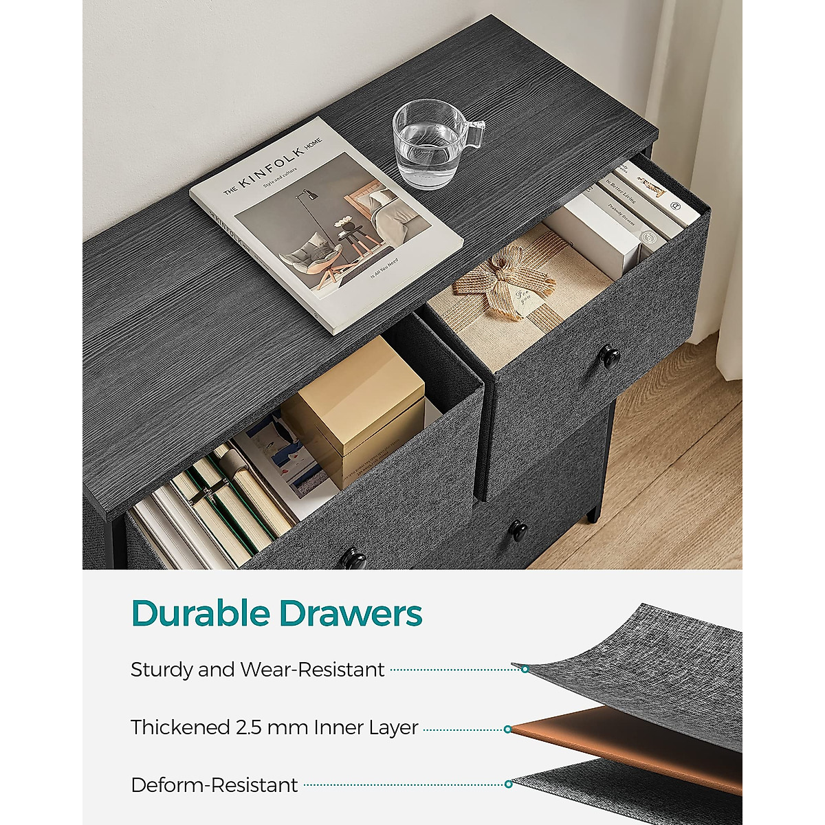 SONGMICS Dresser for Bedroom, Chest of Drawers, 6 Drawer Dresser, Closet Fabric Dresser with Metal Frame, Gray and Black with Wood Grain ULTS323G22, 11.8”D x 31.5”W x 27.1”H