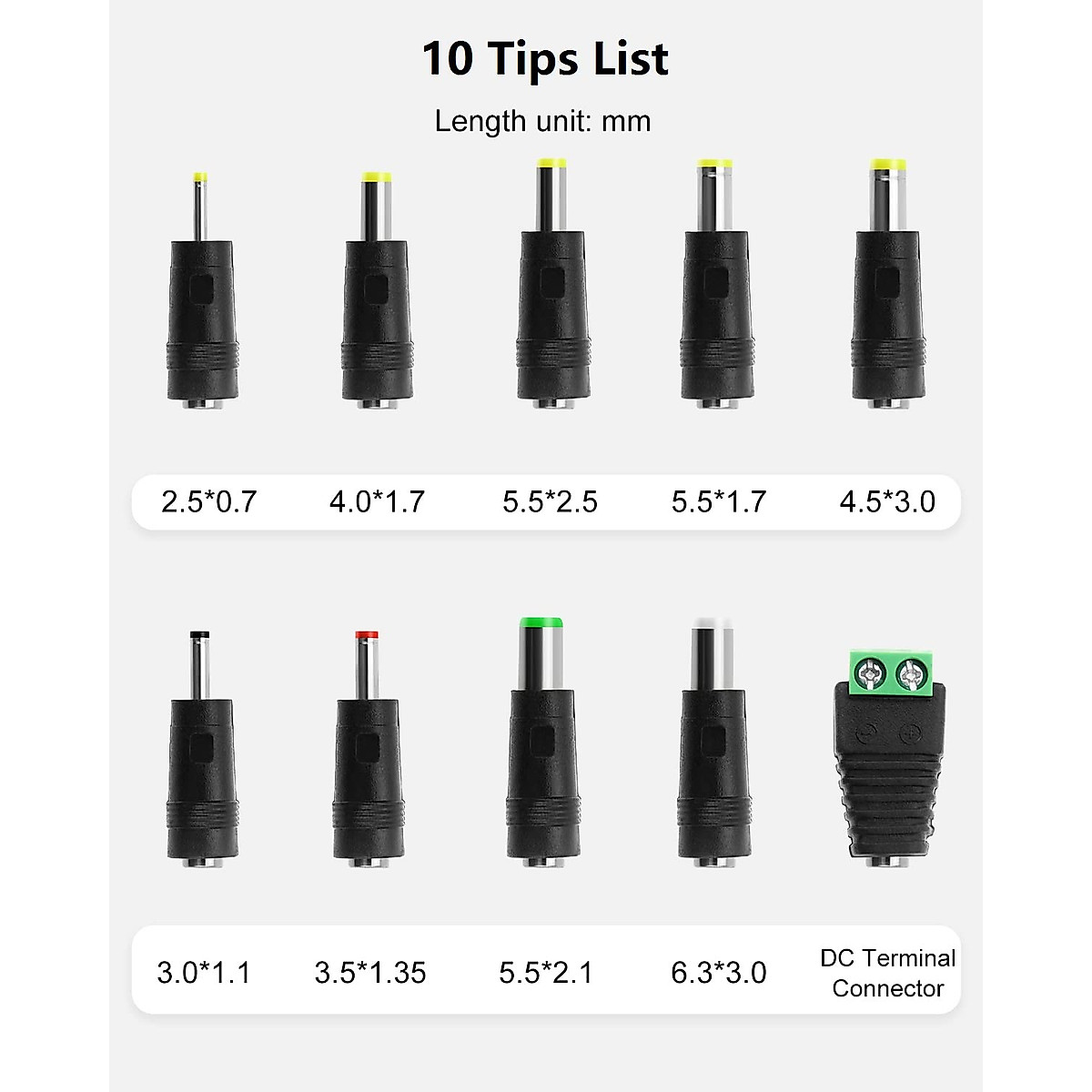 DC 12 Volt 2 Amp Power Supply 2A AC Adapter 100-240V 50-60Hz AC to DC 12V Power Cord with 5.5mmx2.5mm DC Outlet Plug & 10 Sizes of Tips for LED Strip Light Speaker Router CCTV Camera [ DC 12V 2A ]