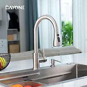 DAYONE Kitchen Fuacet with Soap Dispenser Brushed Nickel, 3 Modes Stainless Steel for 1/2 Holes Kitchen Sink, 360° Single Handle High Arc Sink Faucet with Pull Down Sprayer, DAY-CR0014