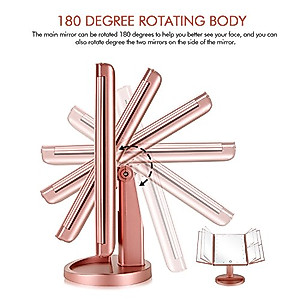 Flymiro Tri-fold Lighted Vanity Makeup Mirror with 3x/2x Magnification,21 LEDs Light and Touch Screen,180 Degree Free Rotation Countertop Cosmetic Mirror,Travel Makeup Mirror (Rose Gold)