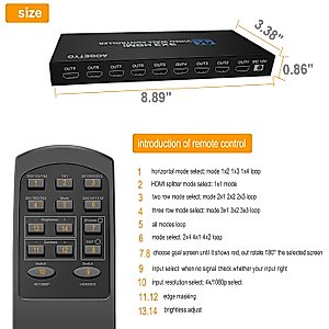 Video Wall Controller 3x3 HDMI Video Image Processor, Support 3840x2160/30HZ HDMI Input & DVI Input, 9-Screen Splicing TV Wall Controller, Support 180 Degree Rotation 3x3 3x2 2x2 3x1 1x4 2x3 4x2 2x4