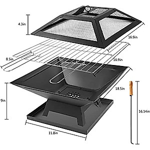 Magshion 2in1 18.5in Small Steel Wood Burning Fire Pit with Cooking Grate Square BBQ Grill Brazier Firepit Fire Bowl Fire Poker Backyard Patio Camping